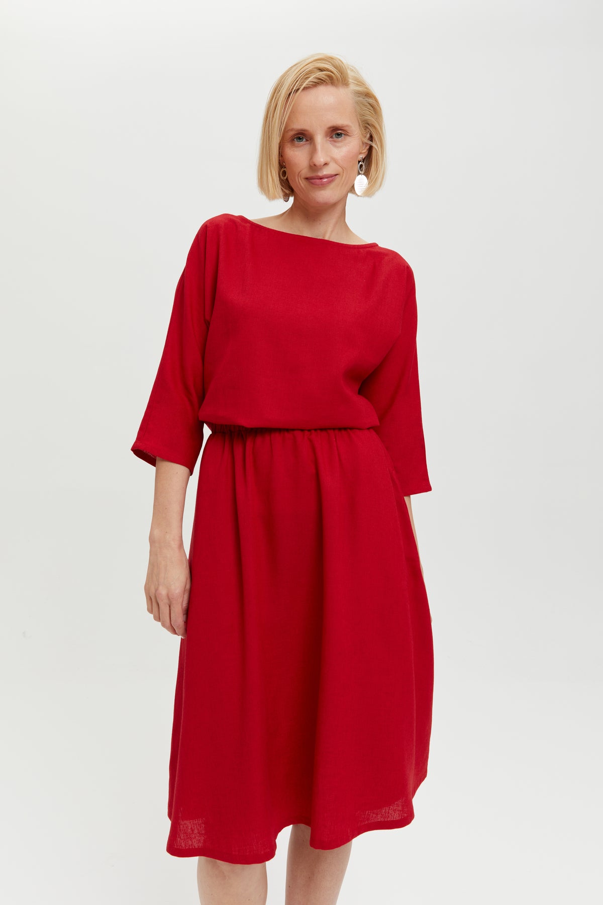 Midi Dress NANE, Summer Linen Long Sleeve Dress in Red - AYANI